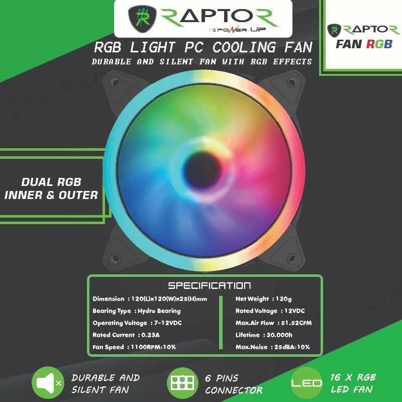 Fan Casing Gaming 12cm LED Auto Dual RGB RAPTOR FAN Silent 16 Colour ...