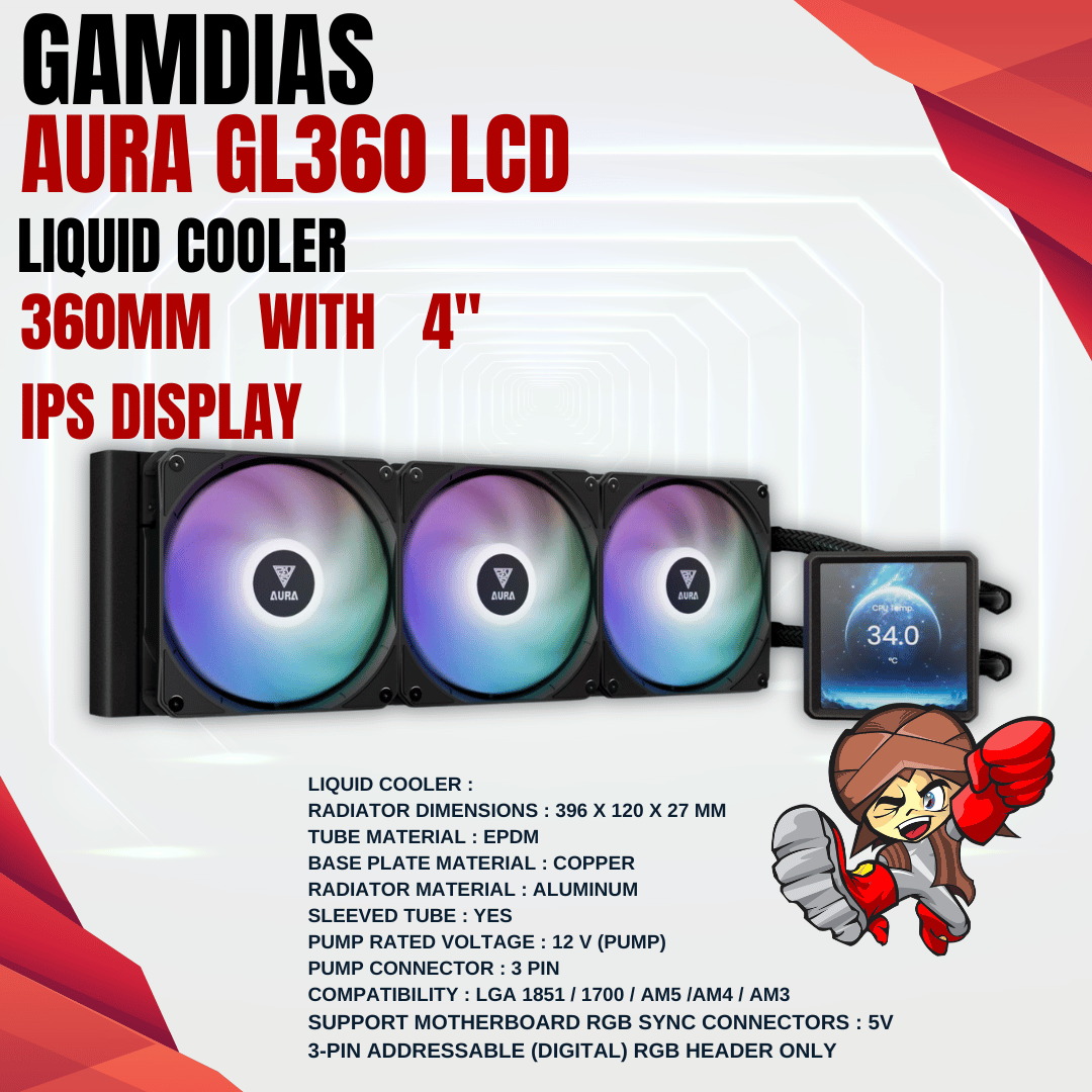 GAMDIAS AURA GL360 LCD – 360mm AIO Liquid CPU Cooler – BLACK | Quadra ...