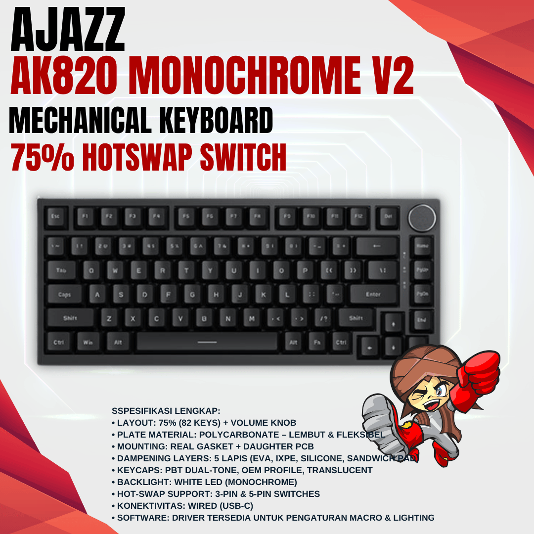 Ajazz AK820 Monochrome V2 75% Mechanical Keyboard Gaming Hotswappable ...